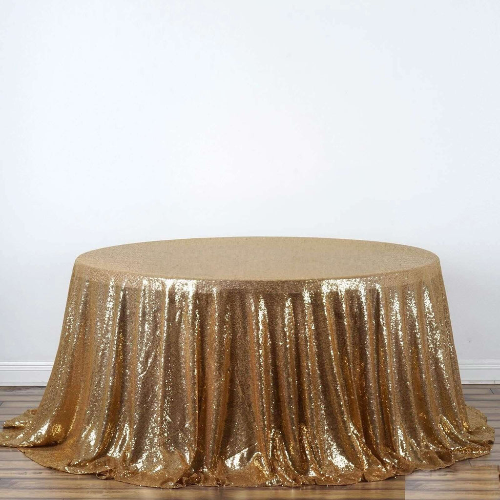 Sequin Round Tablecloth 136" Gold by TableclothsFactory.com