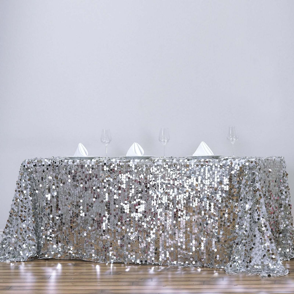 Payette Sequin Tablecloth 90"x156" Silver | TableclothsFactory