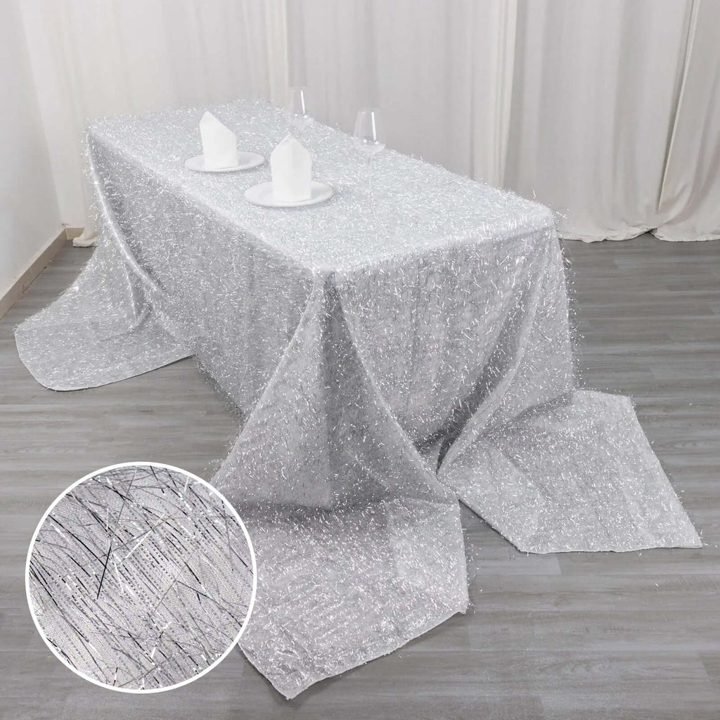 Metallic Fringe Shag Tablecloth 90"x156" Silver | TableclothsFactory