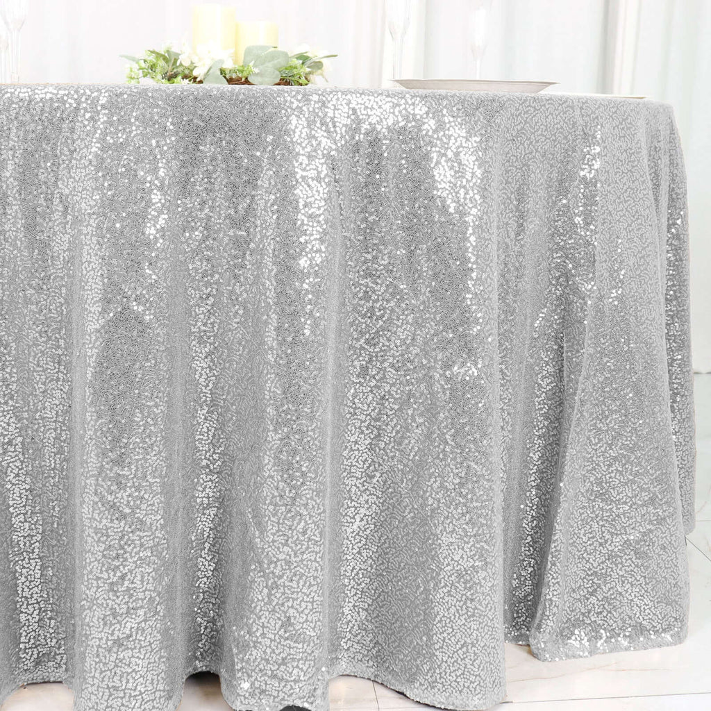 Sequin Tablecloth 120" Silver | TableclothsFactory
