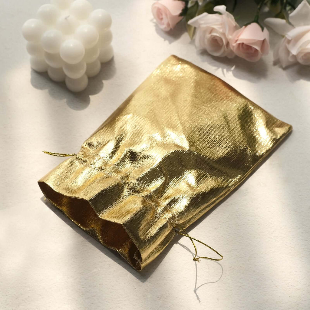 Metallic Gold Drawstring Gift Bags 10 Pack | TableclothsFactory
