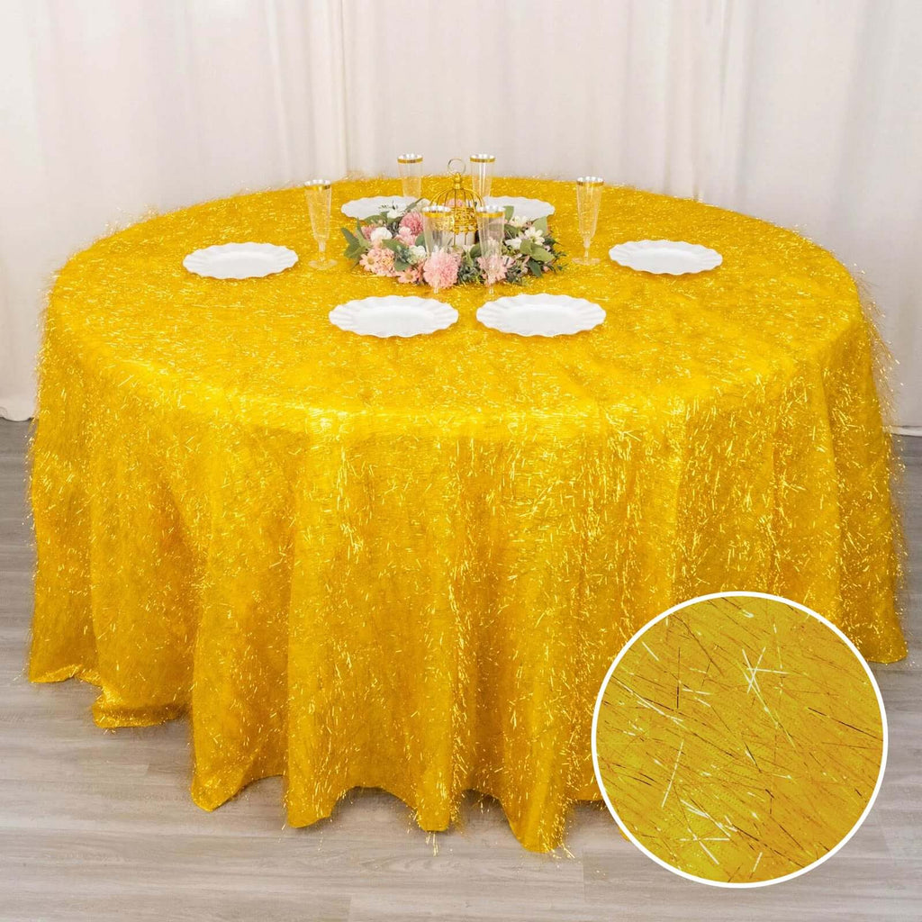 Metallic Fringe Shag Tablecloth 120" Gold | TableclothsFactory