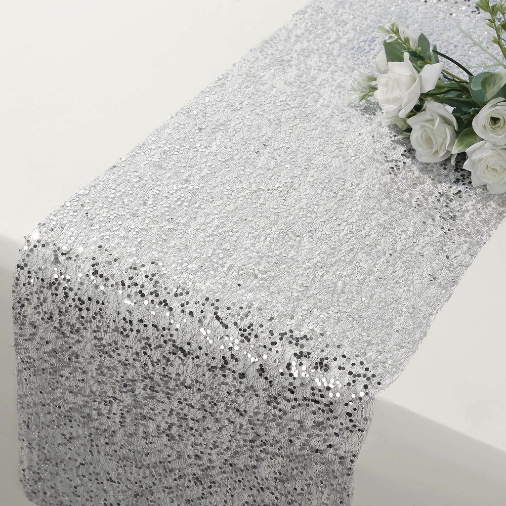 Sequin Mesh Table Runner 11"x108" Silver | TableclothsFactory