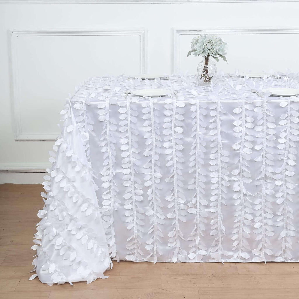 Leaf Taffeta Tablecloth 90"x132" White | TableclothsFactory