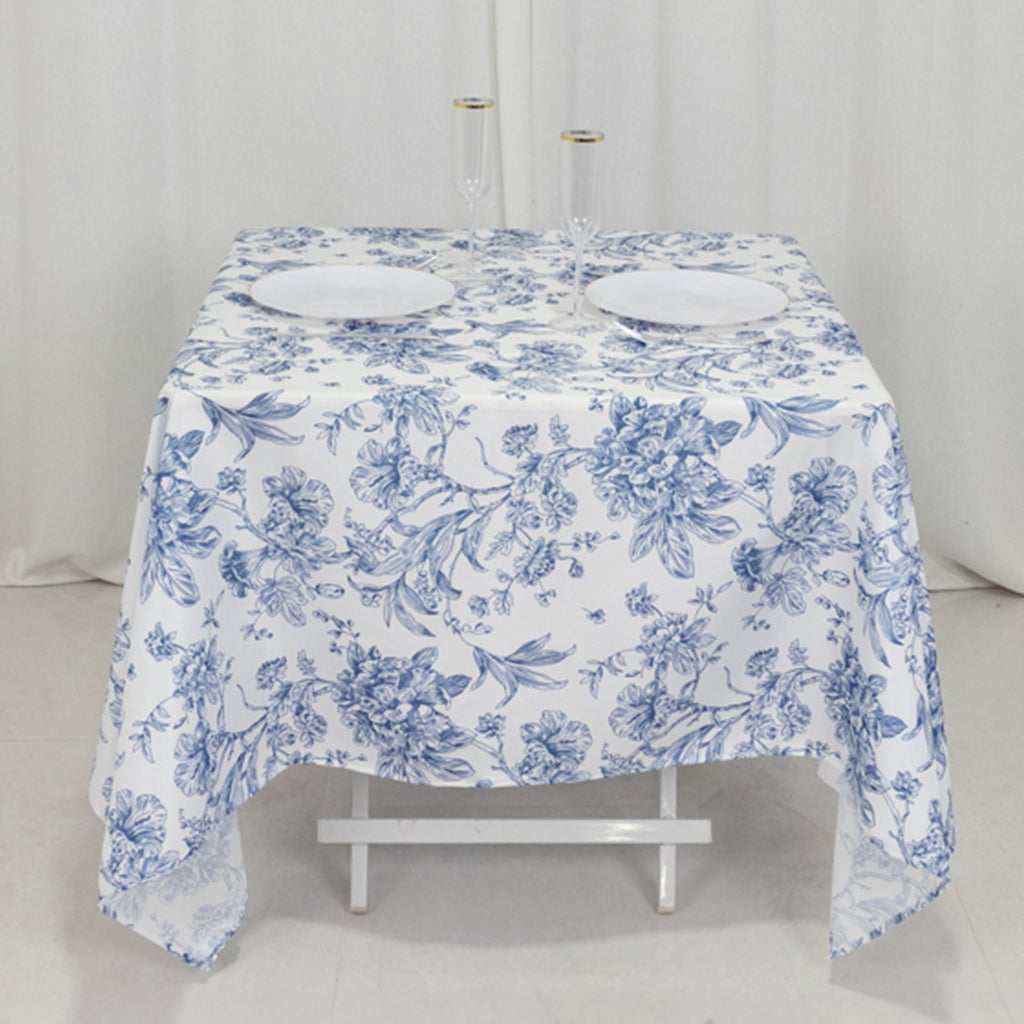 70" Blue Toile Polyester Tablecloth | Tableclothsfactory