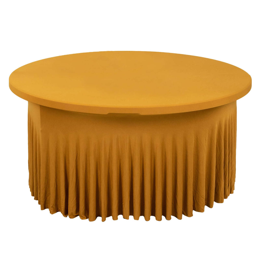 Wavy Spandex Table Skirt with Ruffles 5ft Gold | TableclothsFactory