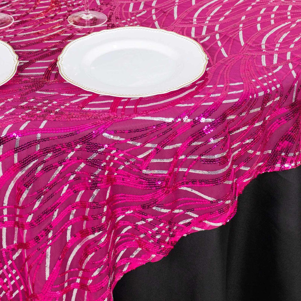 Wave Mesh Overlay 72"x72" Fuchsia/Silver | TableclothsFactory