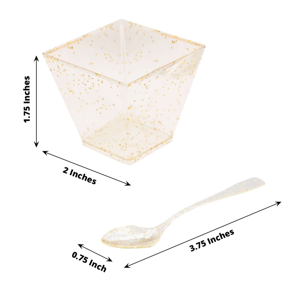 Plastic Square Dessert Cups Clear/Gold Glitter 2oz | TableclothsFactory