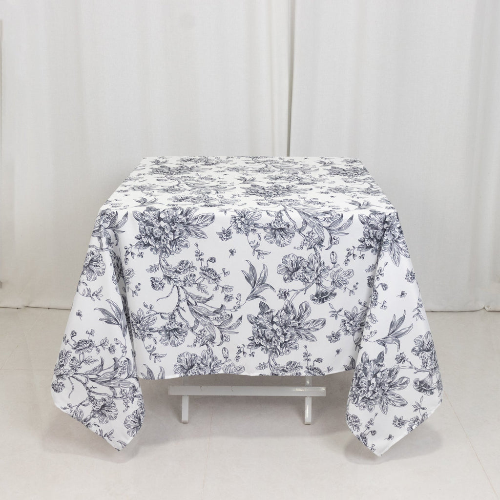 White Black Toile Square Tablecloth 70" | TableclothsFactory