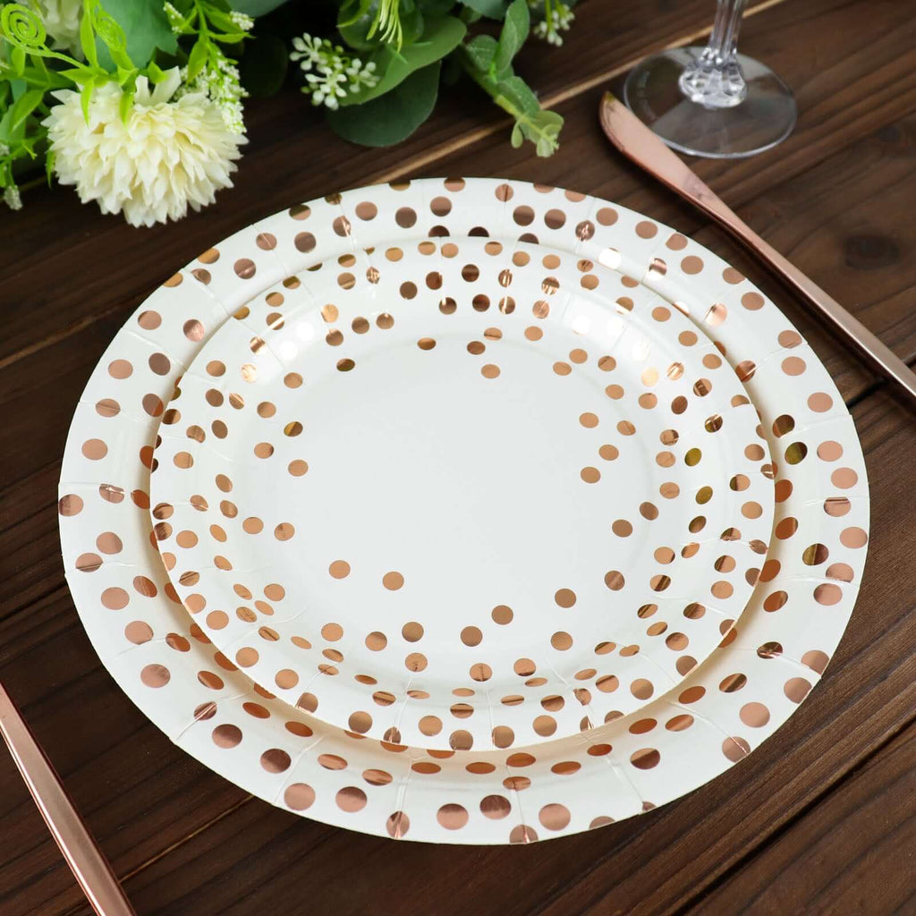 Polka Dots Paper Dinner Plates 9" White/Rose Gold | TableclothsFactory