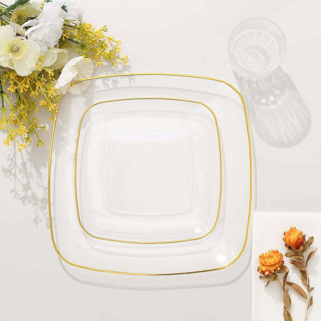 Plastic 10" Square Dinner Plates Clear/Gold Rim | TableclothsFactory