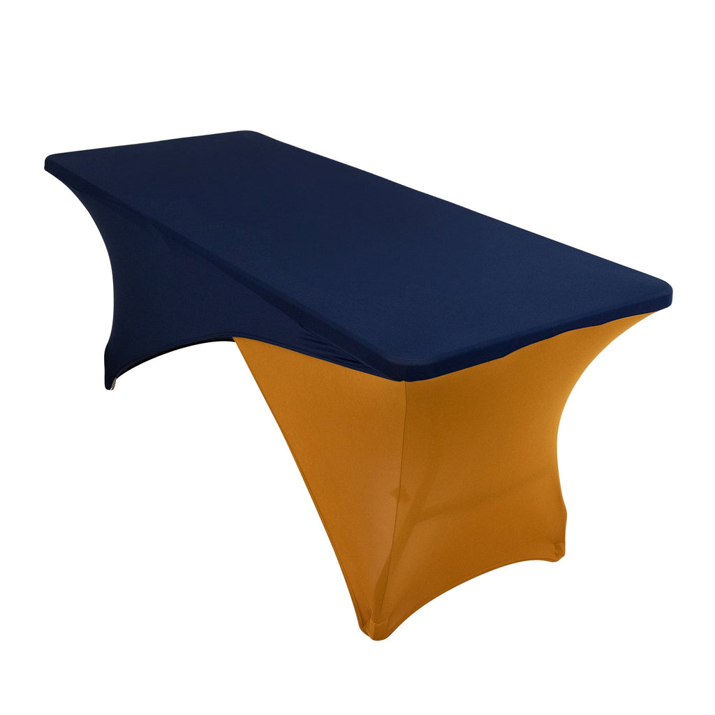 Cross Over Spandex Table Cover 72"x30" Navy Blue Gold | TableclothsFactory