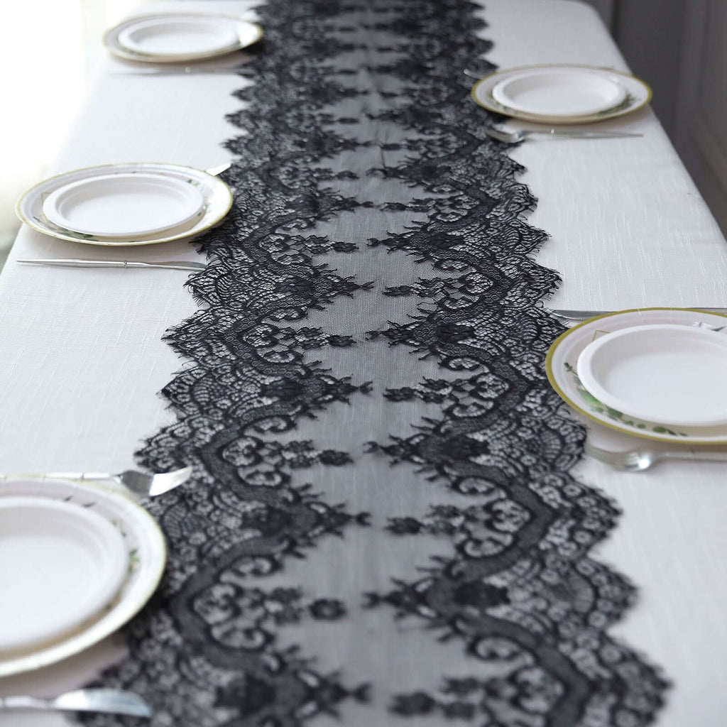 Premium Lace Table Runner 15"x117" Black | TableclothsFactory