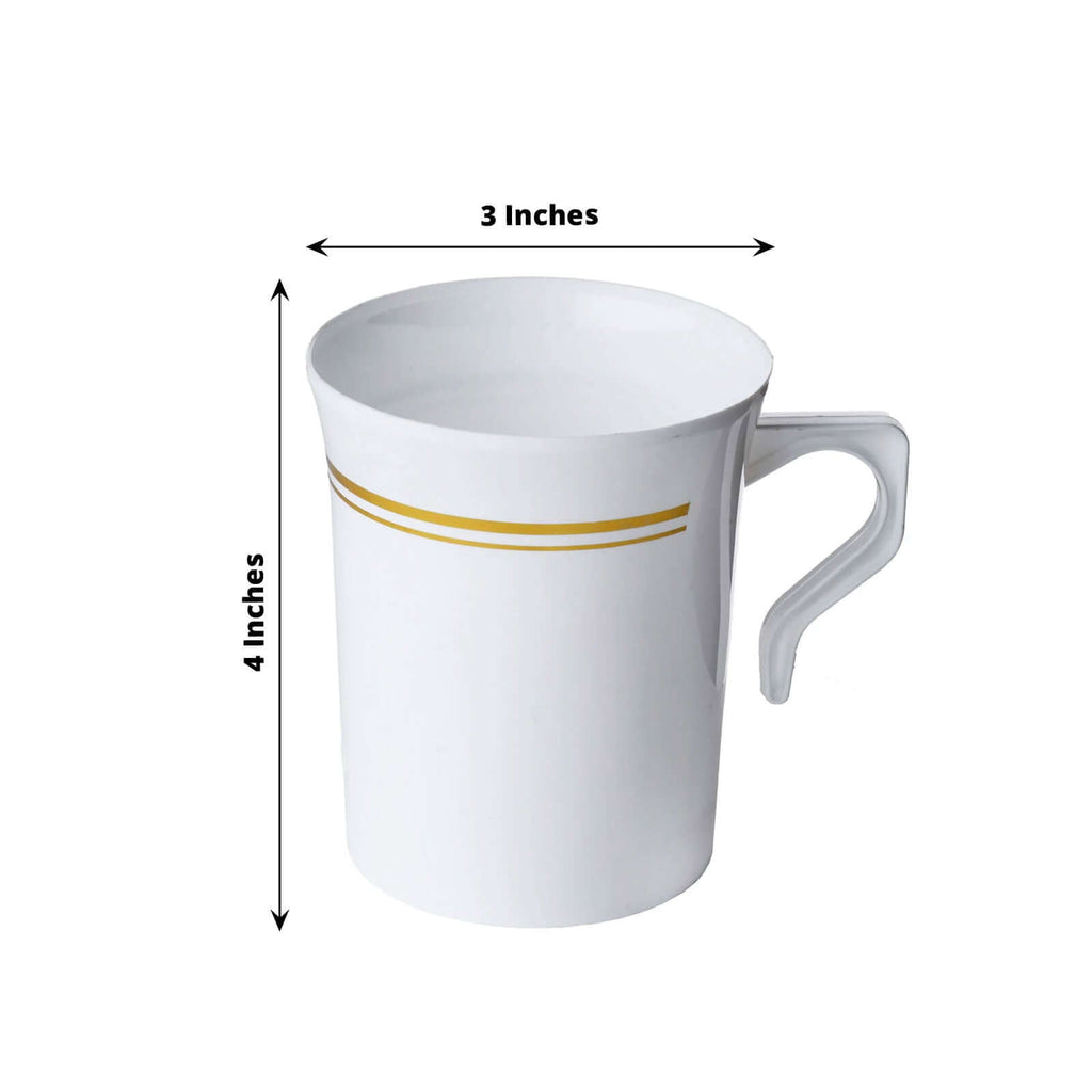 Plastic Coffee Mugs 8oz White with Gold Stripes | TableclothsFactory