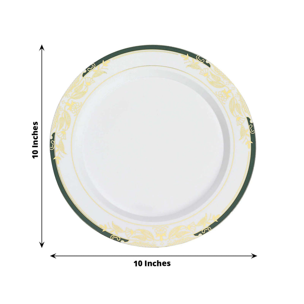 Vine Rim Plastic 10" Dinner Plates White/Emerald Green | TableclothsFactory