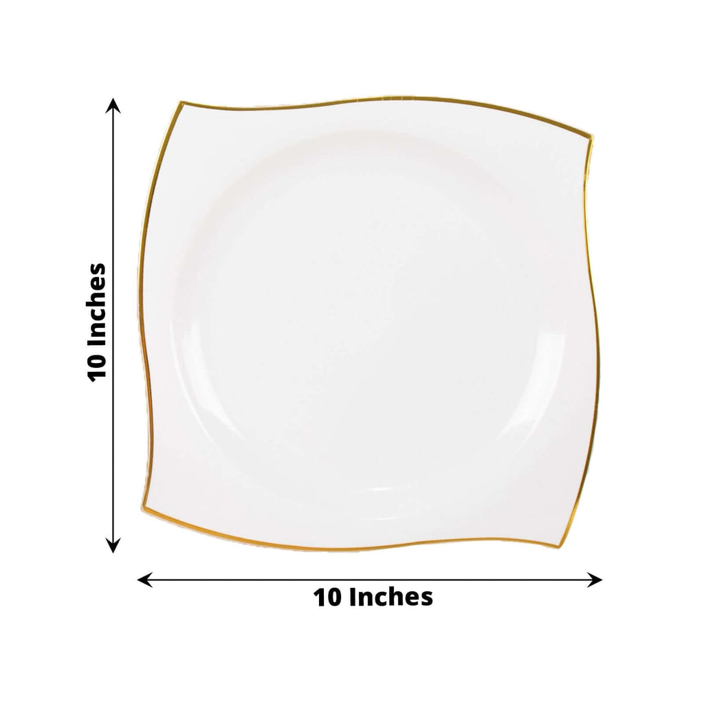 Wavy Plastic 10" Square Dinner Plates White/Gold | TableclothsFactory