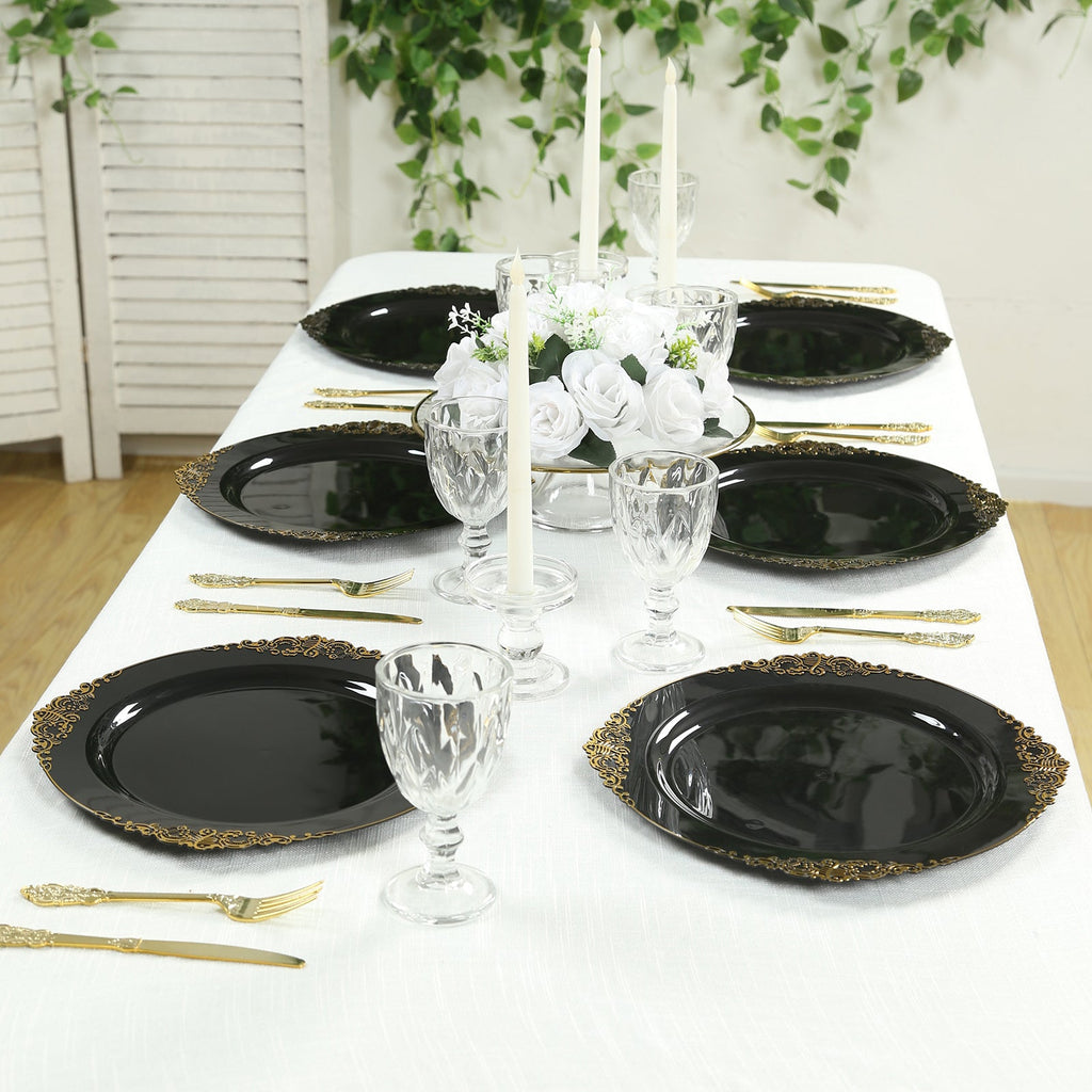 20-Pack Black Gold Rim Charger Plates | TableclothsFactory