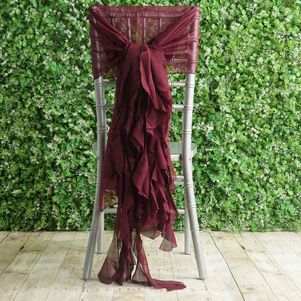 Ruffled Chiffon Chair Sashes Burgundy | TableclothsFactory