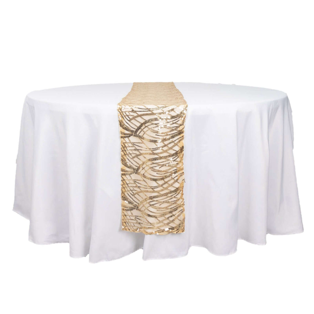 Wave Sequin Table Runner 12"x108" Champagne | TableclothsFactory