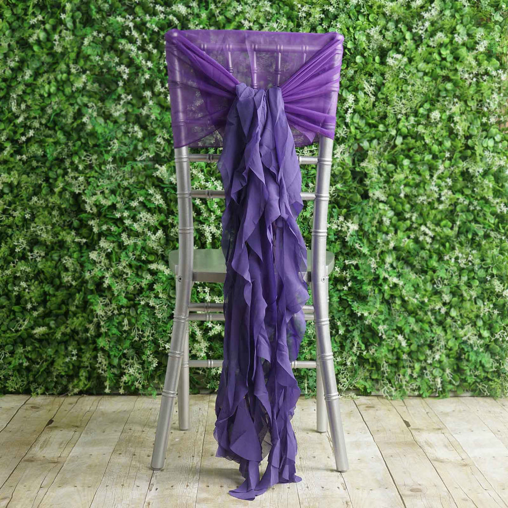 Ruffled Chiffon Chair Sashes Purple | TableclothsFactory