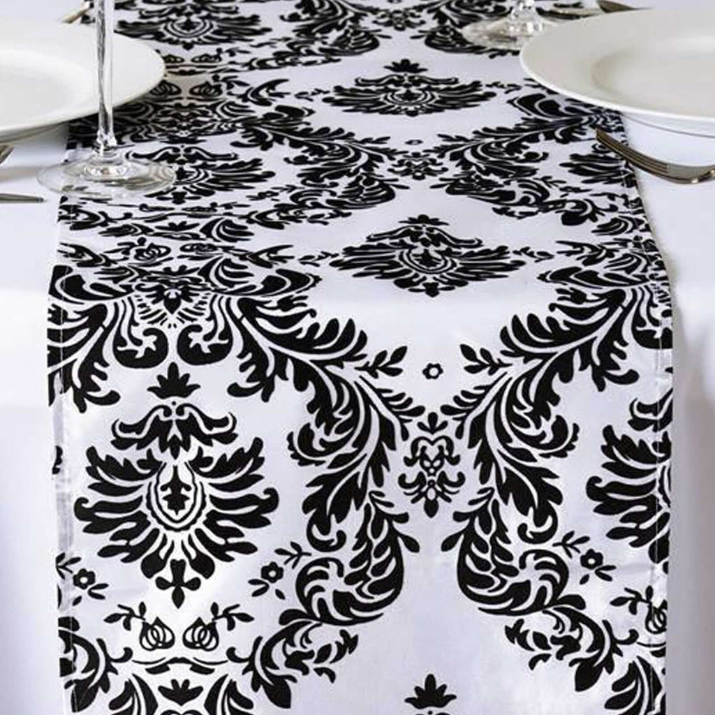 Damask Flocking Table Runner 12"x108" Black | TableclothsFactory