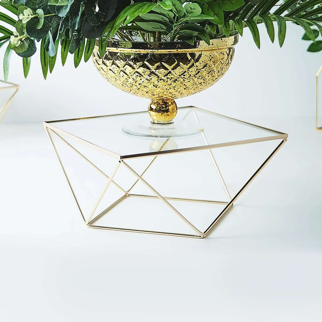Gold Geometric Cake Stand with Glass Top 14" | TableclothsFactory