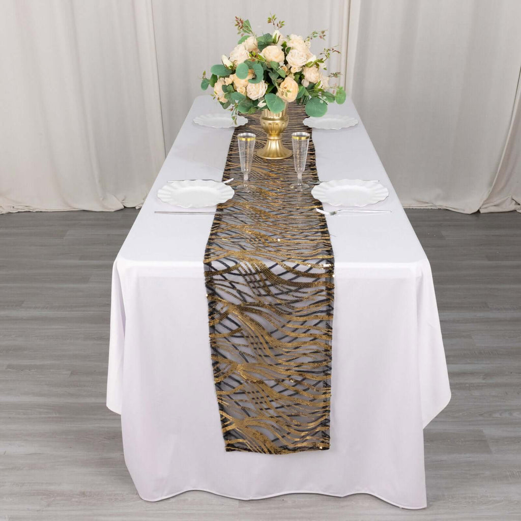 Sequin Table Runner 12"x108" Black Gold | TableclothsFactory