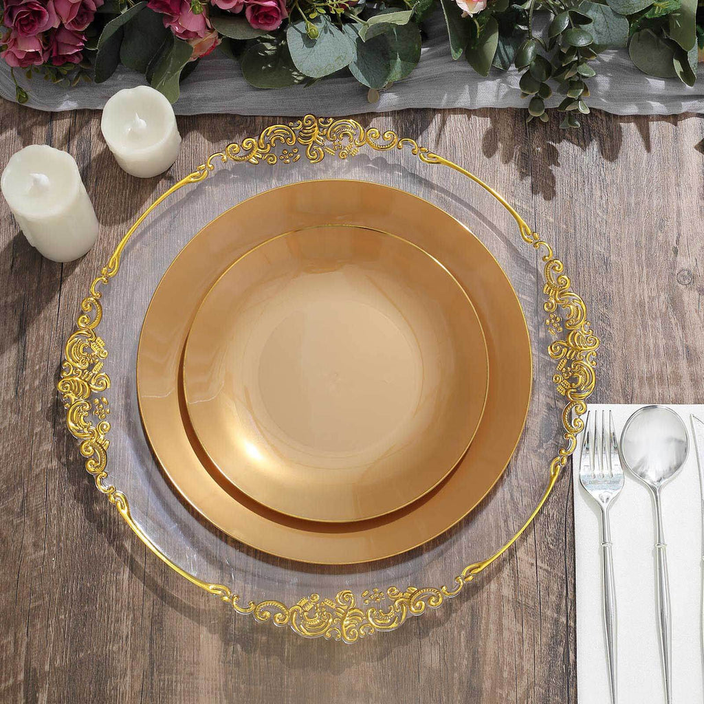 Plastic 10" Dinner Plates Gold/Gold Rim | TableclothsFactory