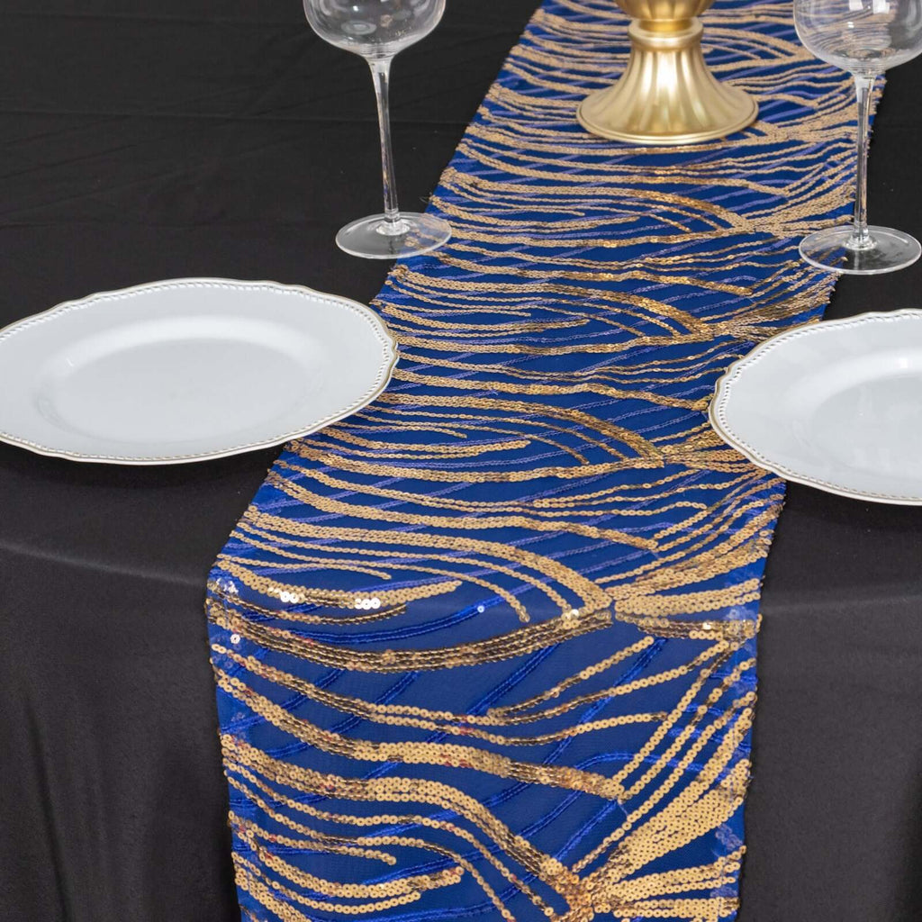 Wave Sequin Table Runner 12"x108" Royal Blue/Gold | TableclothsFactory