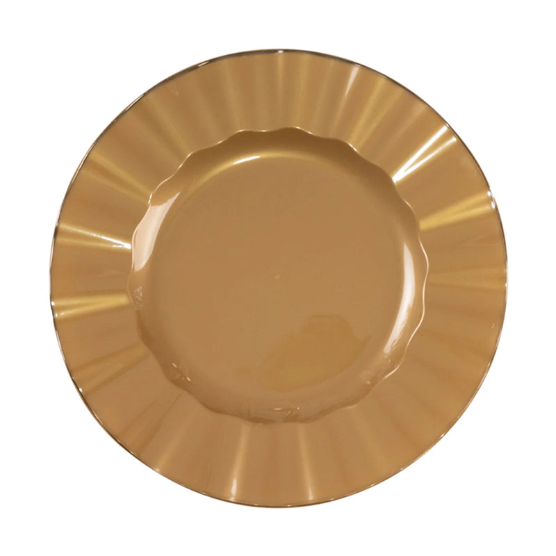 Ruffled Rim Plastic 9" Dinner Plates Taupe/Gold | TableclothsFactory