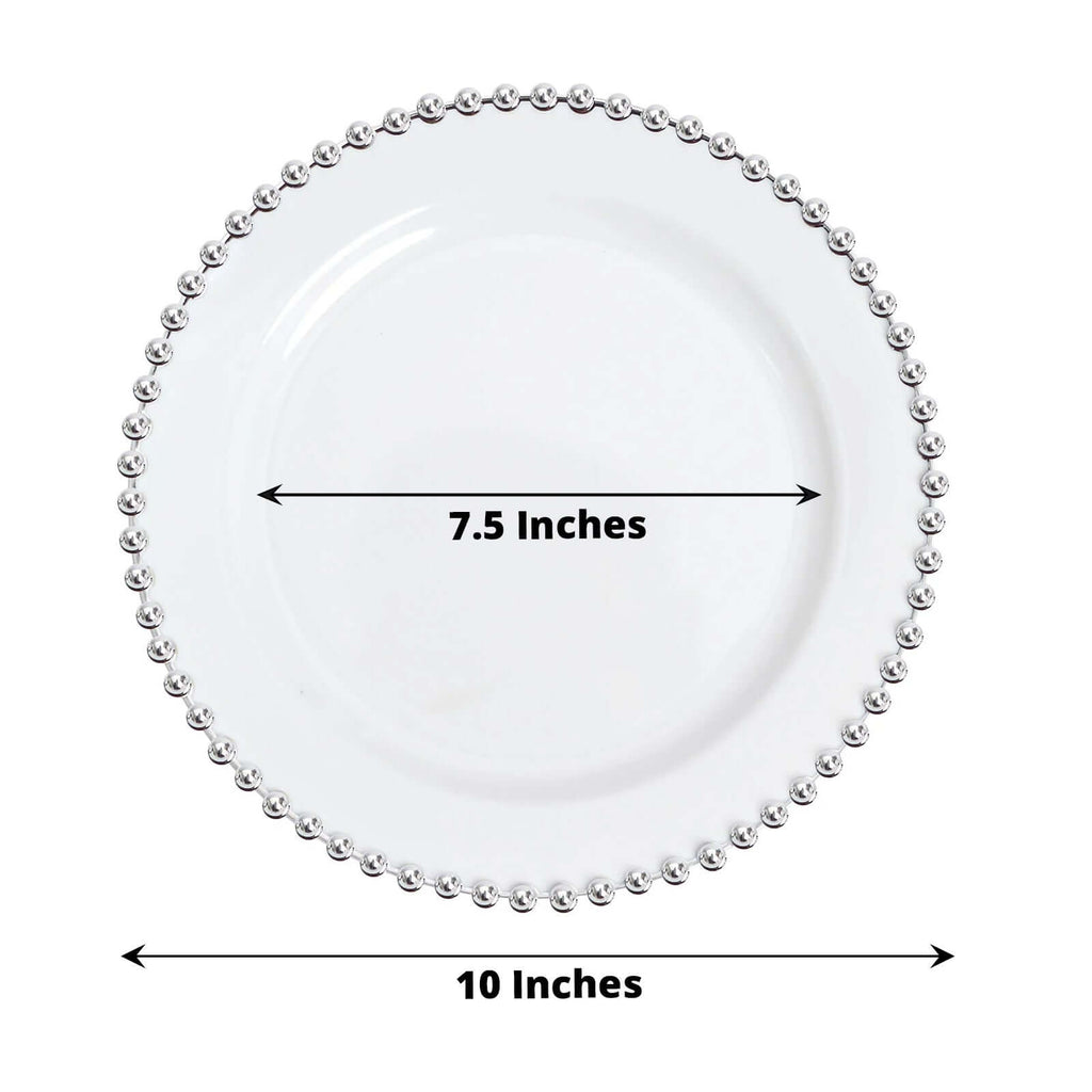 Beaded Rim Plastic 10" Dinner Plates White/Silver | TableclothsFactory