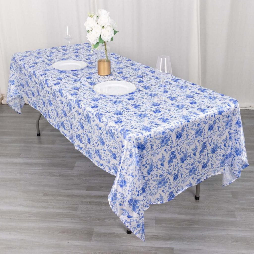 French Toile Satin Tablecloth 60"x102" White/Blue | TableclothsFactory