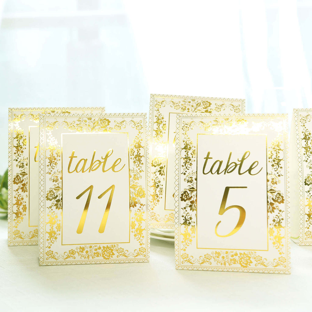 Wedding Table Numbers Metallic Gold Floral Pattern 7" | TableclothsFactory