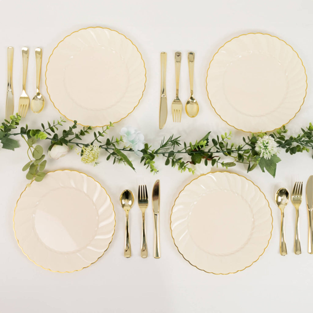 Flair Rim Plastic 10" Dinner Plates Ivory/Gold | TableclothsFactory