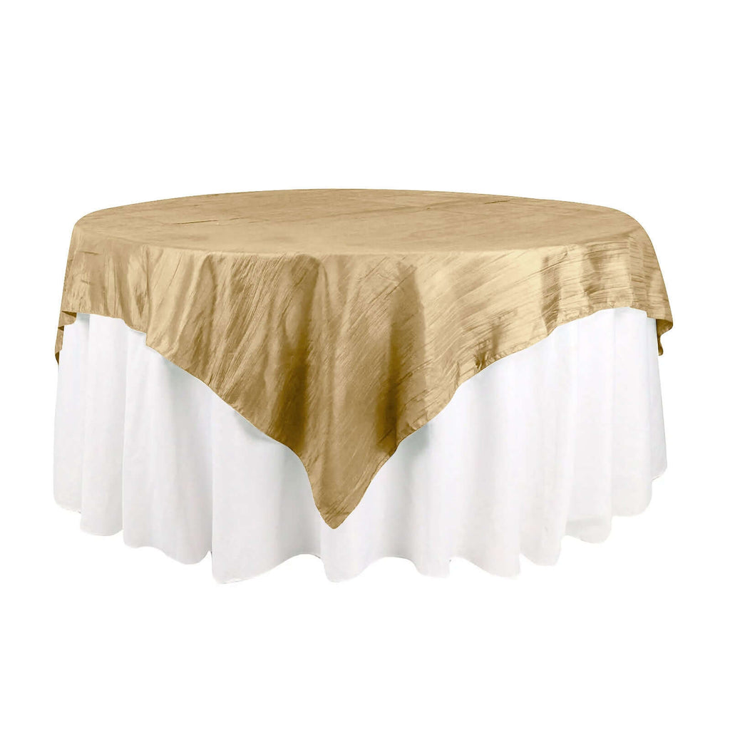 Crinkle Taffeta Table Overlay 72"x72" Gold | TableclothsFactory