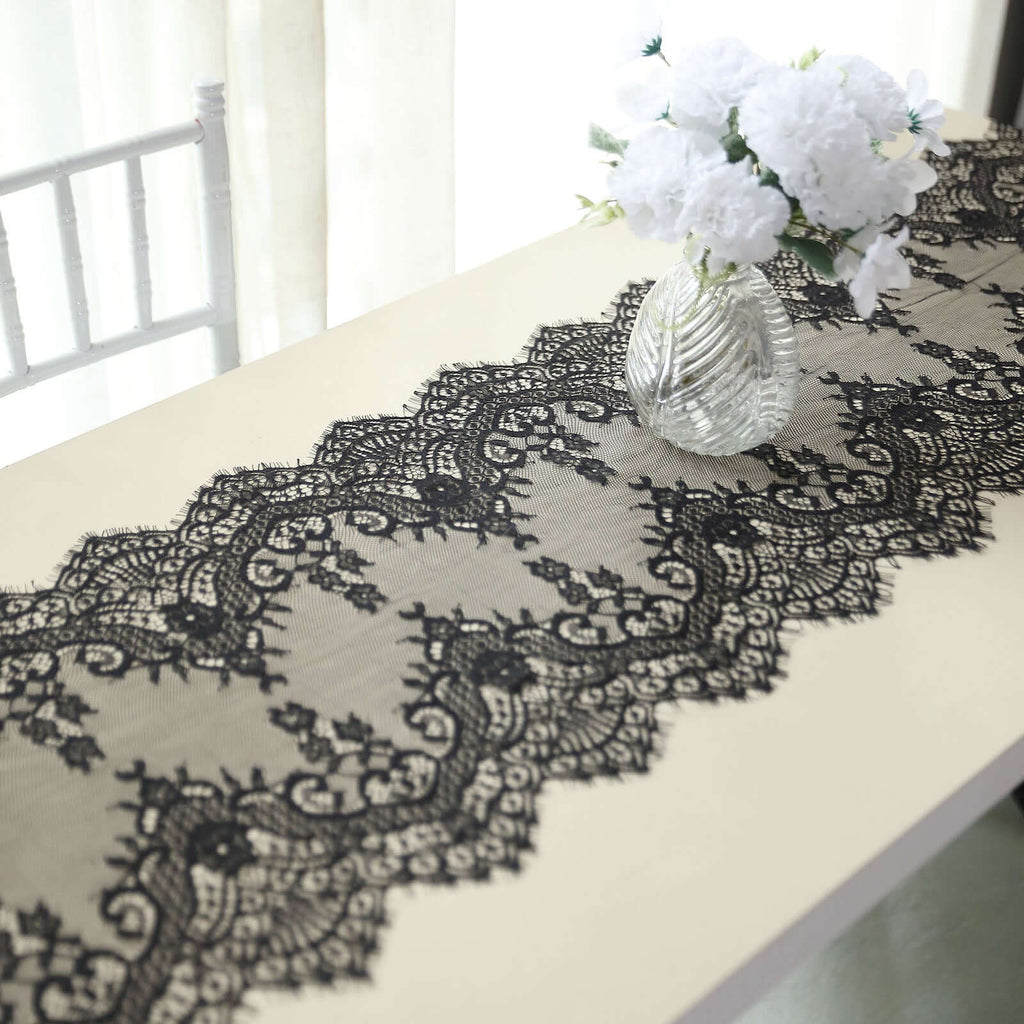 Premium Lace Table Runner 15"x117" Black | TableclothsFactory