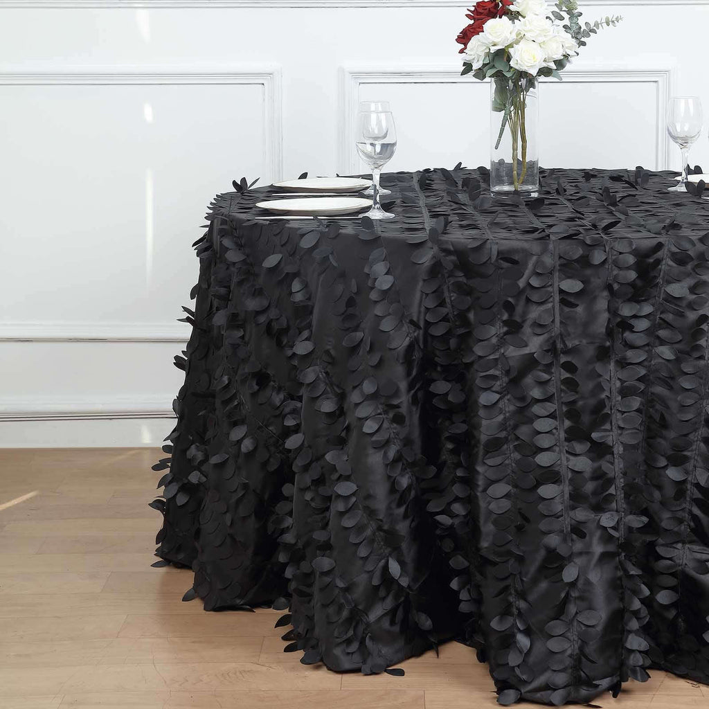 Leaf Taffeta Round Tablecloth 120" Black | TableclothsFactory