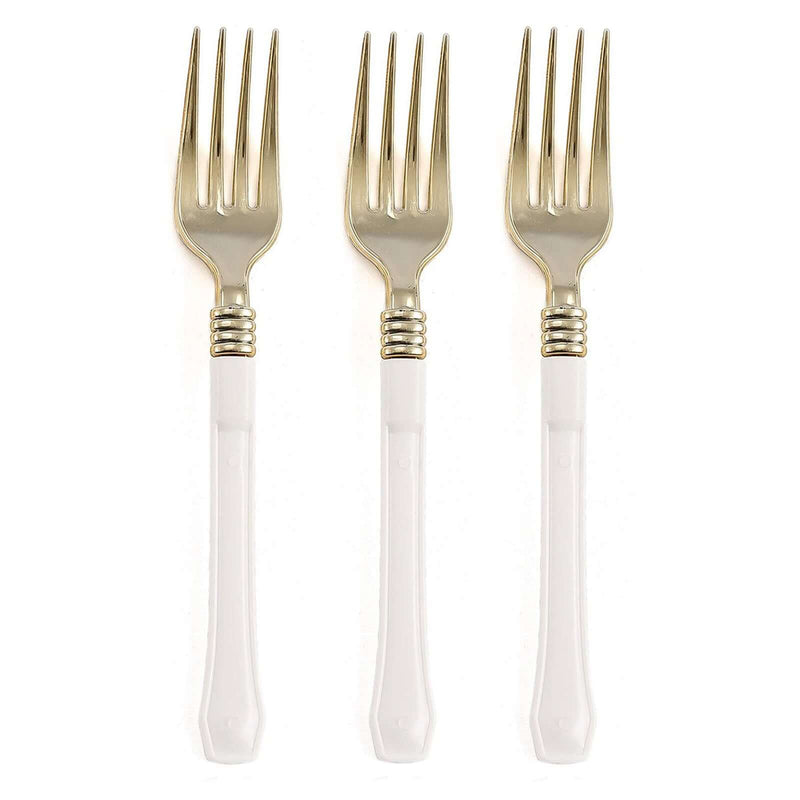 Plastic Forks Gold with White Handles 7" | TableclothsFactory