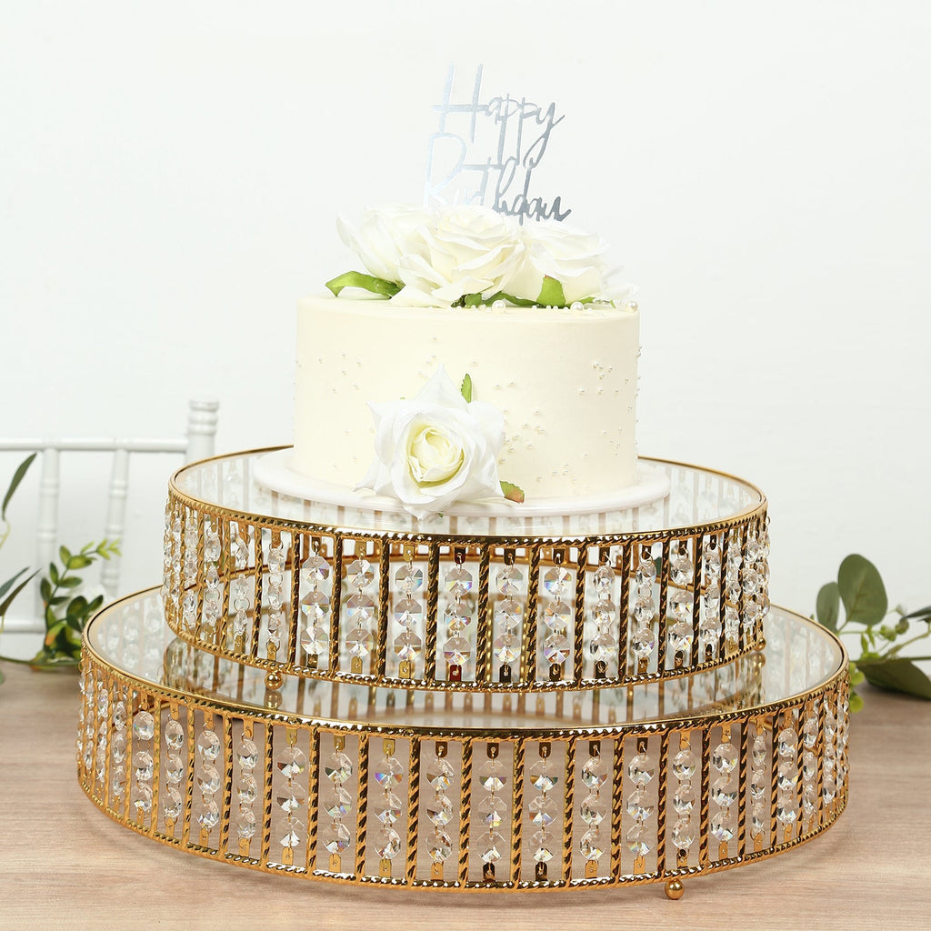 18" Round Gold Cake Stand with Beads | TableclothsFactory