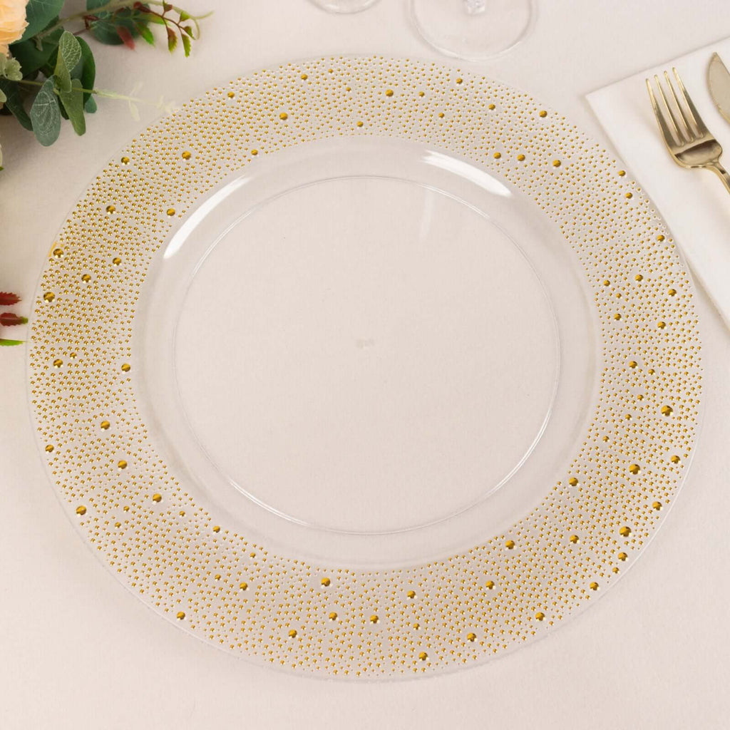 Pearl Beaded Rim Charger Plates Clear/Gold 13" | TableclothsFactory