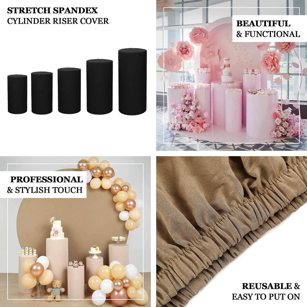 Beige Spandex Cylinder Pedestal Covers - Set of 5 | TableclothsFactory