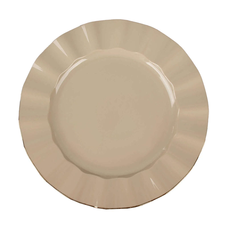 Ruffled Rim Plastic 9" Dinner Plates Taupe/Gold | TableclothsFactory