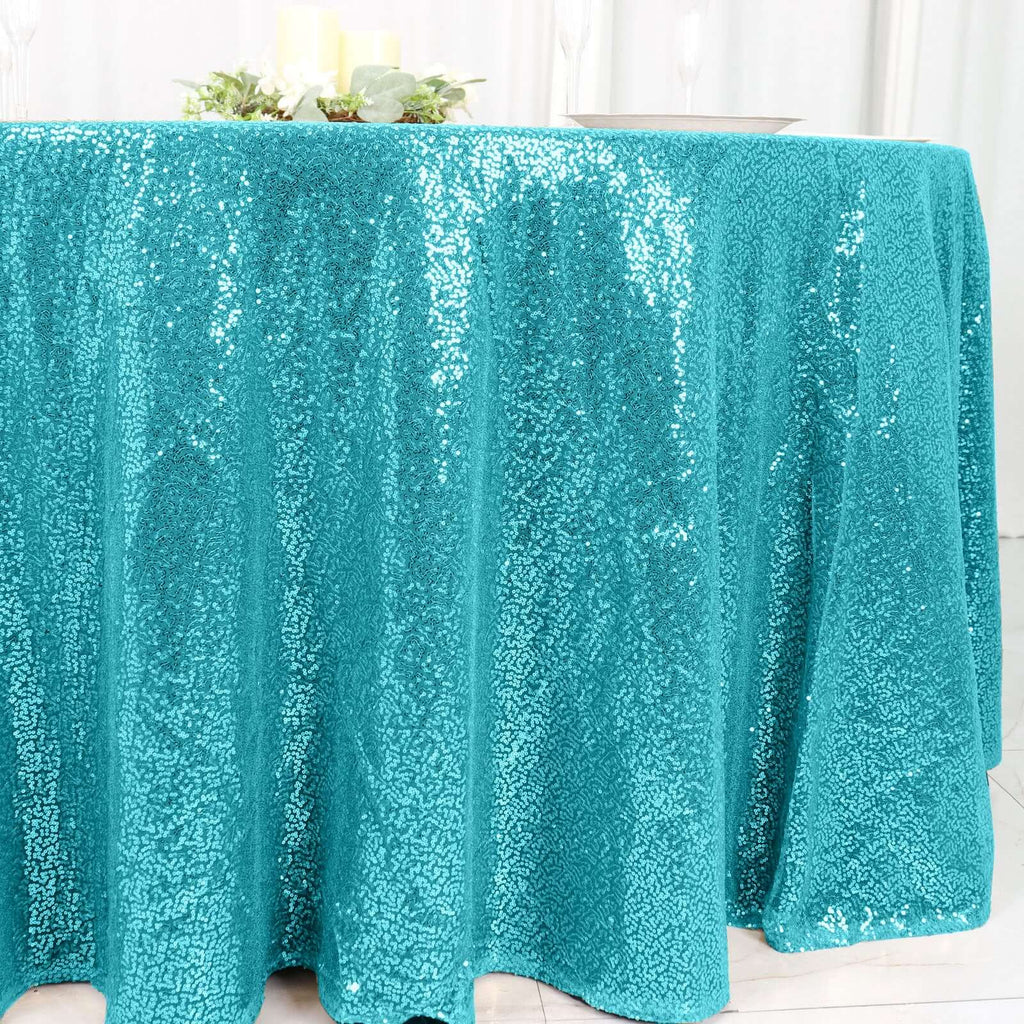 Sequin Tablecloth 120" Turquoise | TableclothsFactory