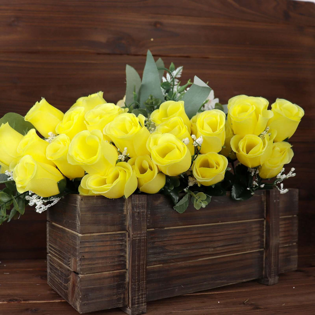 Yellow Silk Rose Bud Bouquets - 12 Premium Bushes | TableclothsFactory