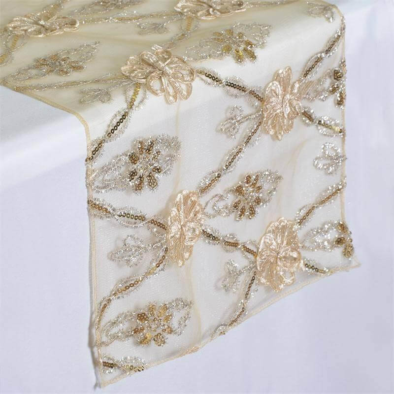 Lace Satin Table Runner 14"x108" Champagne | TableclothsFactory