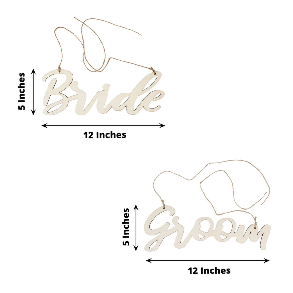 Wood Bride and Groom Chair Signs 12"x5" Natural | TableclothsFactory