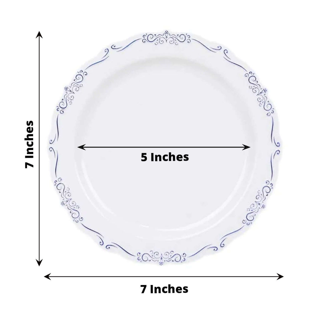 Embossed Rim Plastic 7" Salad Plates White/Blue | TableclothsFactory