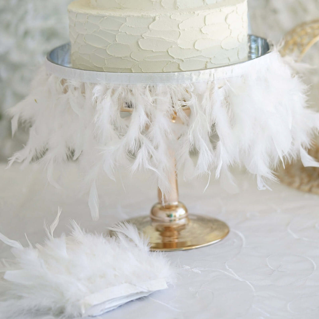 39" White Turkey Feather Fringe Trim | TableclothsFactory
