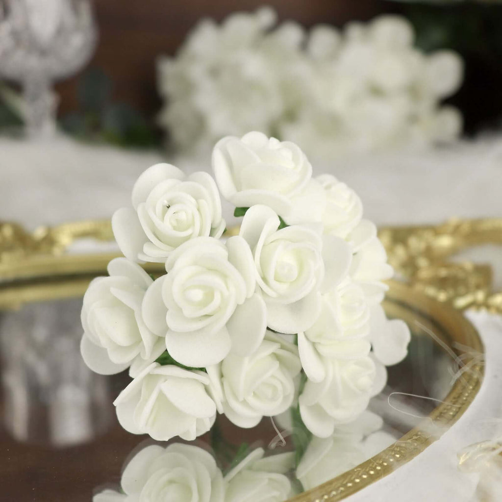 48 White Foam Rose Flowers With Stem | TableclothsFactory