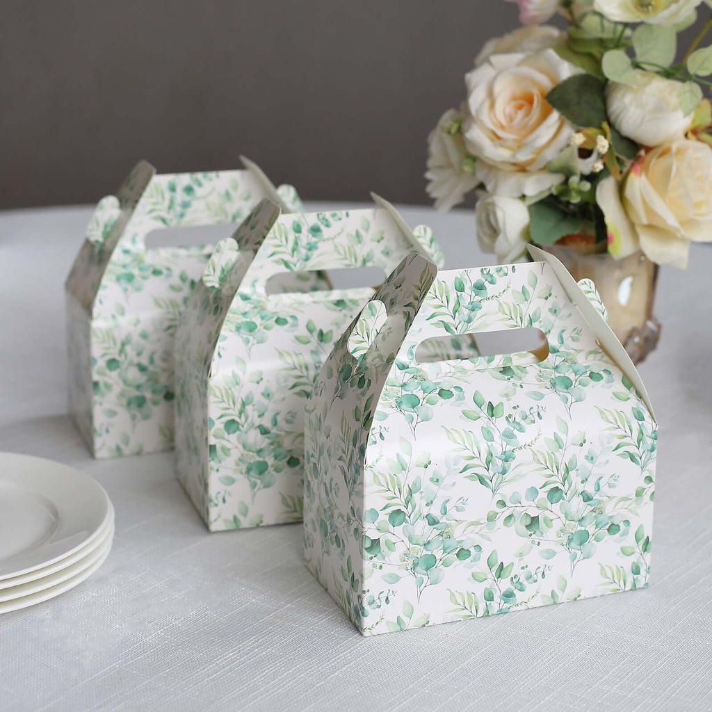 25 Pack White Green Gable Treat Boxes | TableclothsFactory